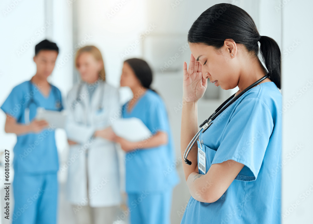 Headache, stress or sad nurse in hospital with burnout, anxiety or ...
