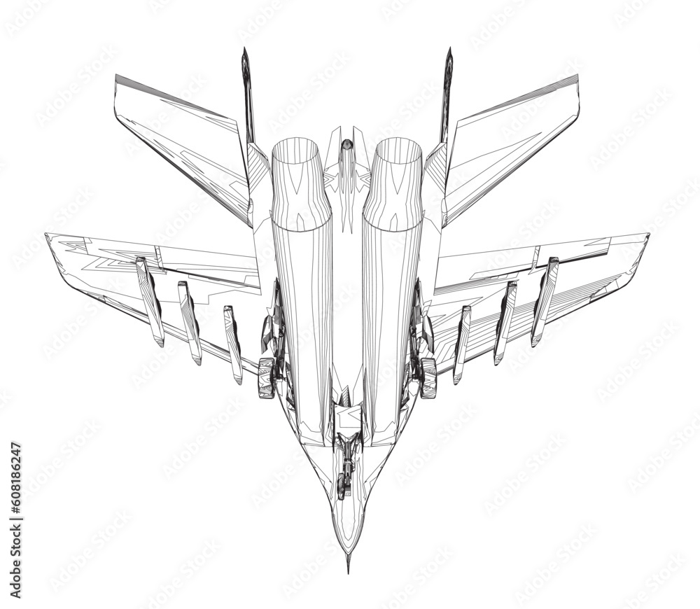 Military fighter jet outline. Vector art illustration of contour ...