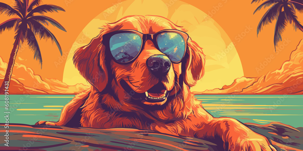 Ilustrace „Cooler Golden Retriever Hund mit Sonnenbrille chillt am ...