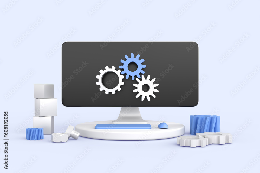 Computer settings with gear icons isometric 3d render. Concept of ...
