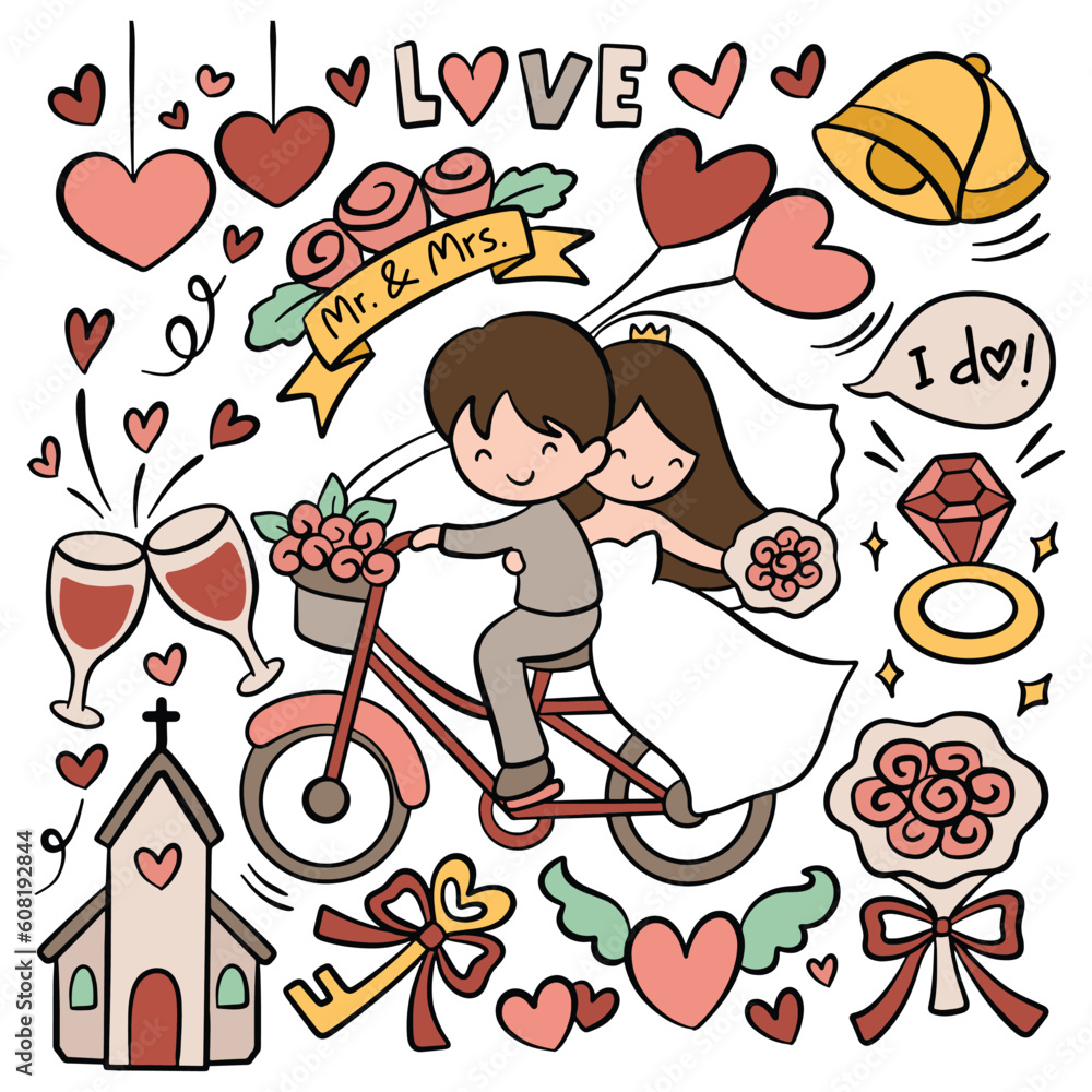 Hand Drawn Wedding Cartoon Doodle Stock Vector | Adobe Stock