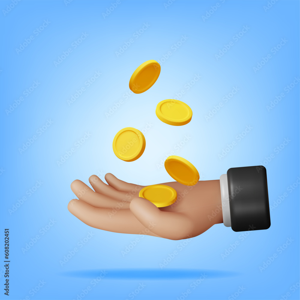 3D Hand Full of Gold Coins Isolated. Render Money in Hand. Golden Cash ...
