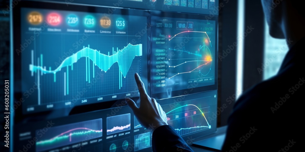 Data analyst working on business analytics dashboard with charts ...