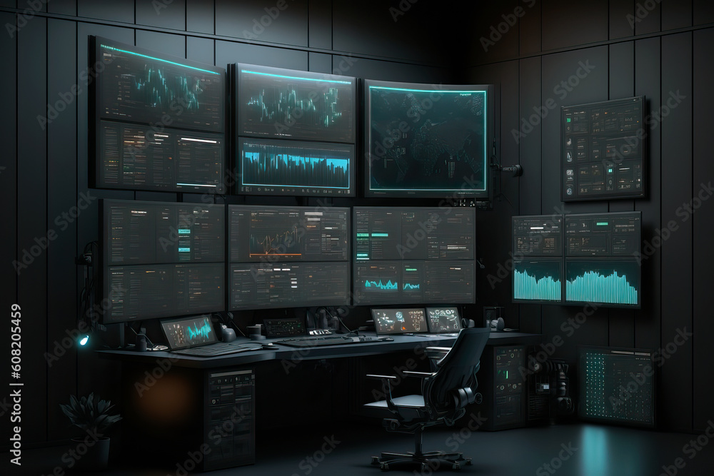 Dark control room with many screens as a trading setup with charts on ...