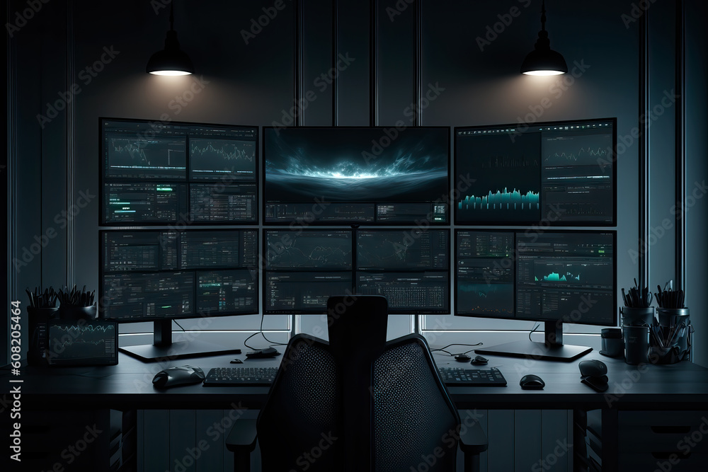Dark control room with many screens as a trading setup with charts on ... Dark control room with many screens as a trading setup with charts on ...