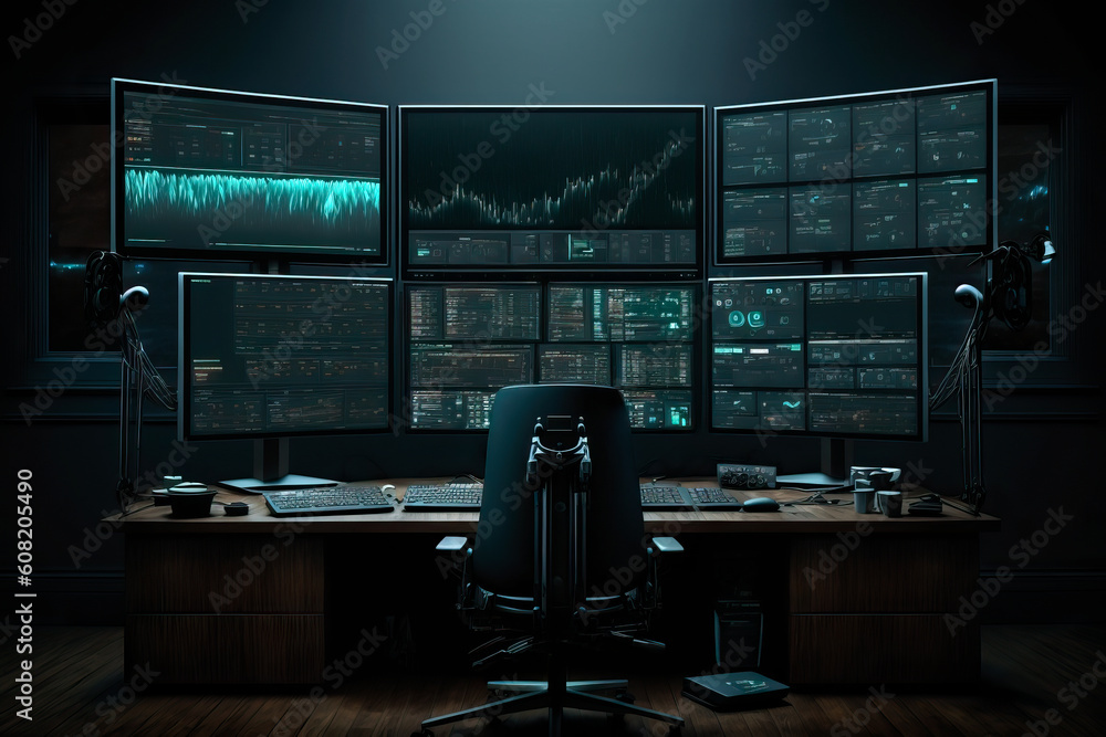 Dark control room with many screens as a trading setup with charts on ... Dark control room with many screens as a trading setup with charts on ...