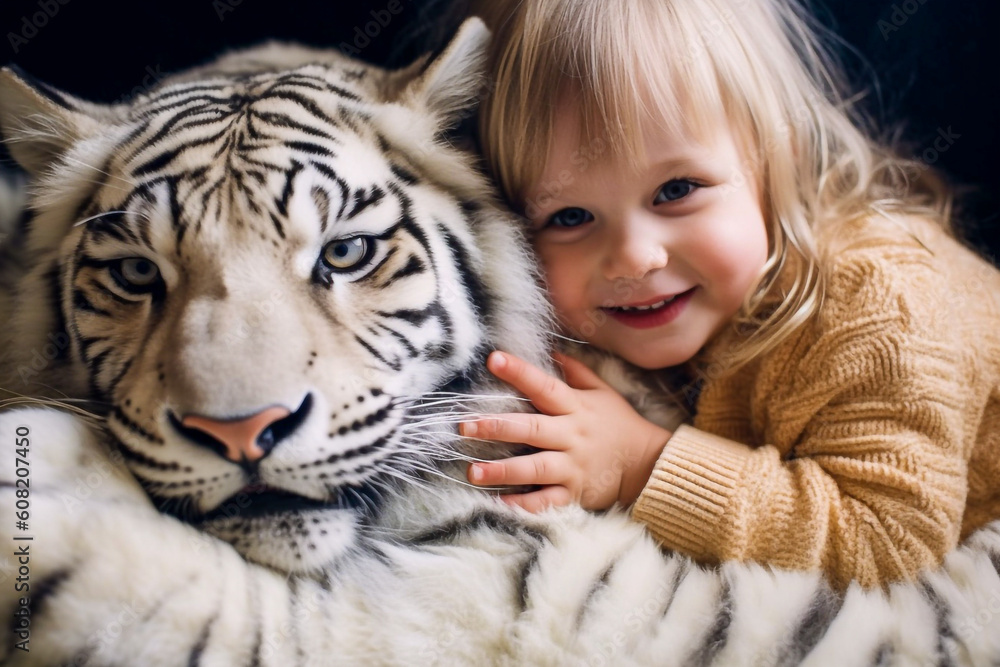 Little girl cuddling her tiger puppy, pampering him by taking care of ...