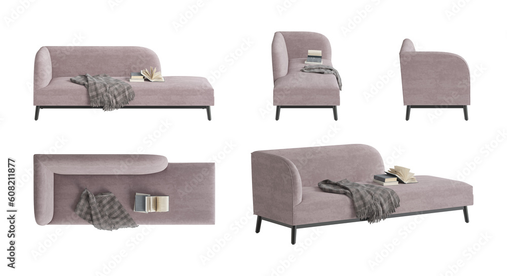 Set of five different views of an elegant muted pink chaise longue with ...