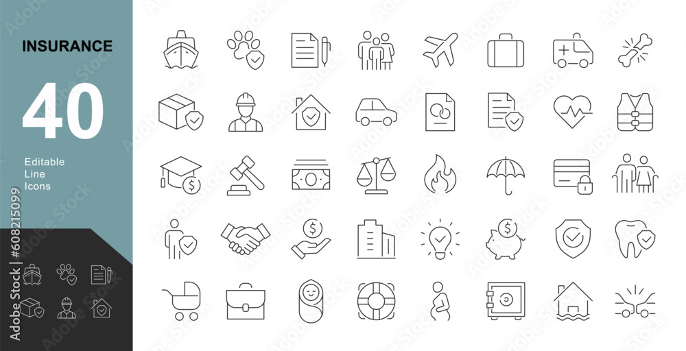Insurance Line Editable Icons set. Vector illustration in modern thin ...