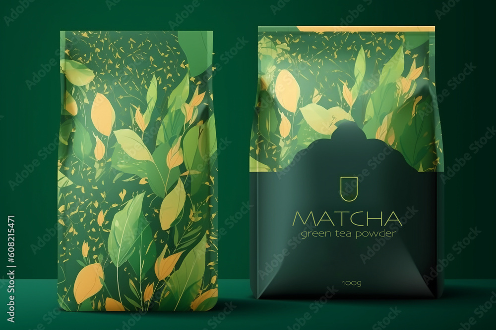 Generative AI. Green tea matcha powder packaging design concept. Set of ...