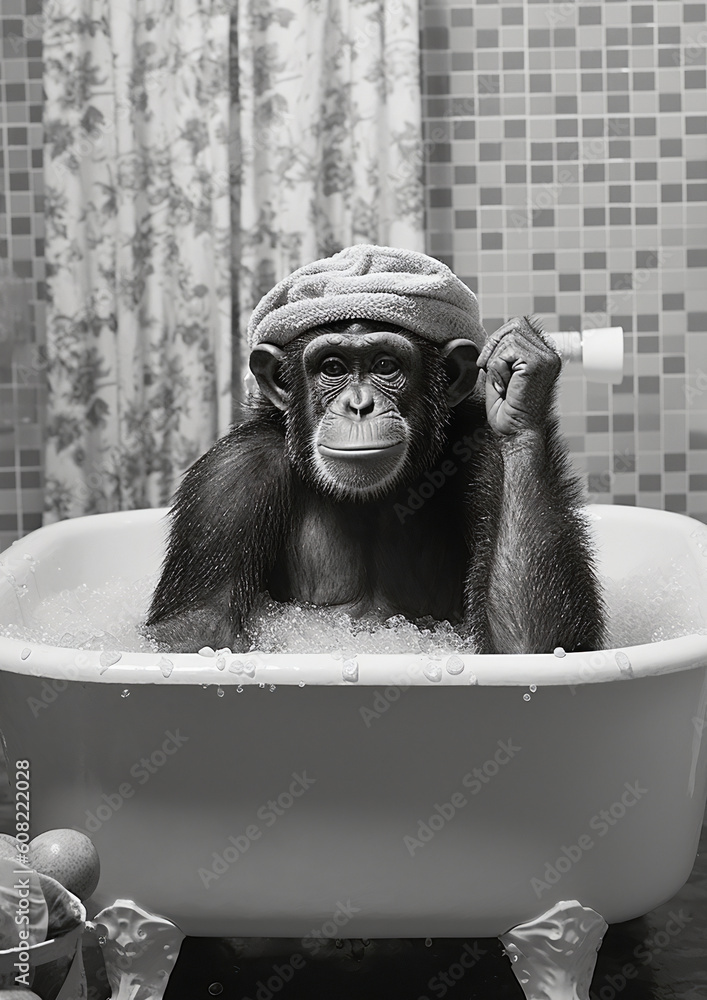 Monkey in Bath, black and white chimpanzees bathing in the bathtub, funny animal, bathroom ...