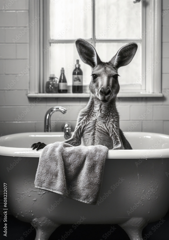 Kangaroo in Bath, black and white kangaroo bathing in the bathtub ...