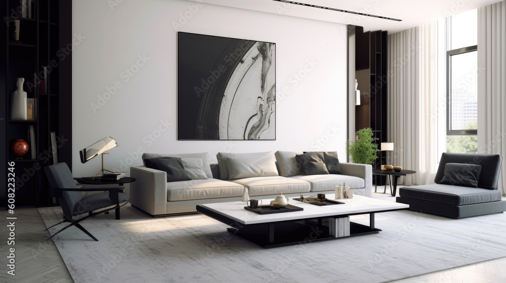 Spacious living area with clean lines, a neutral color palette, and ...