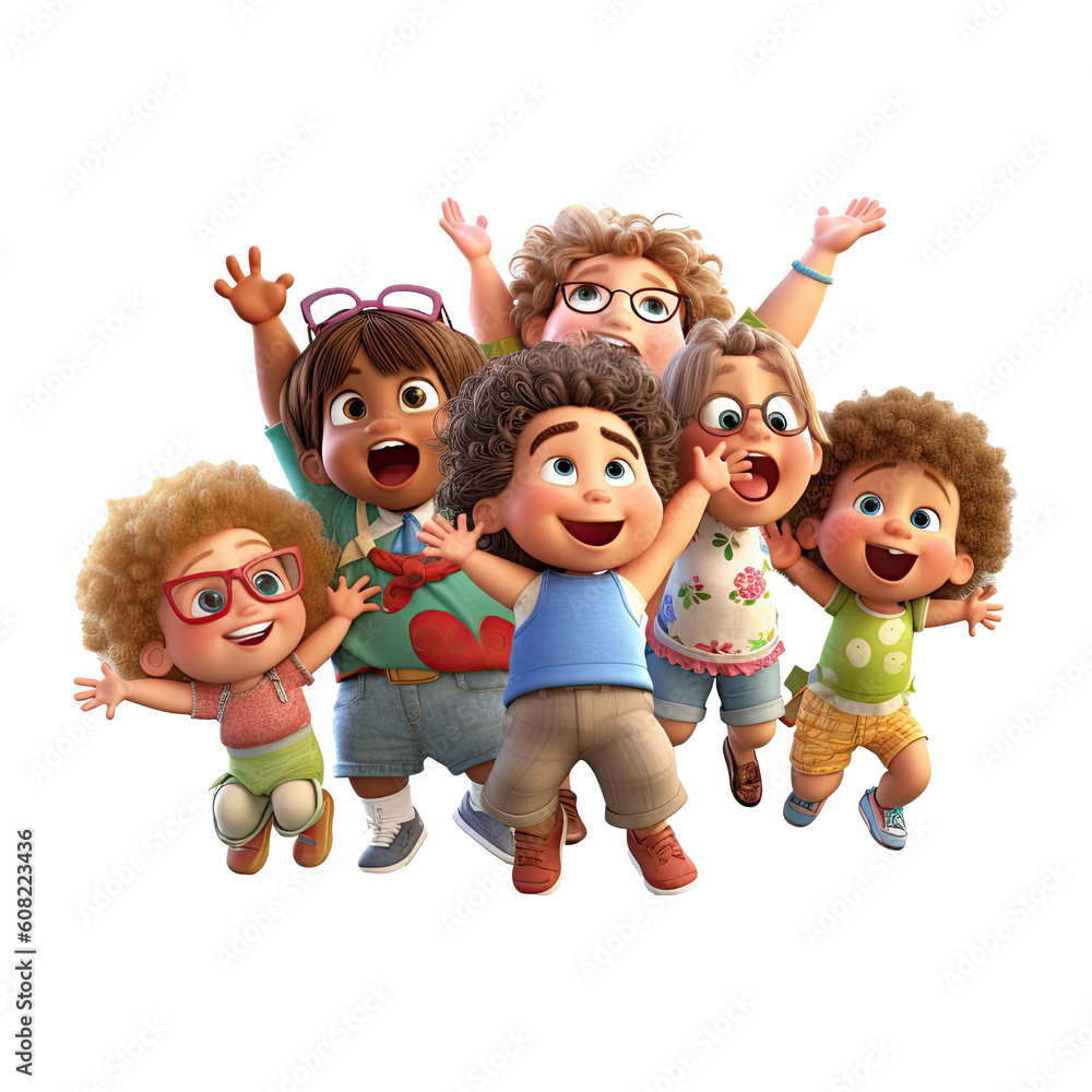 3D cartoon group of little children on transparent background ...