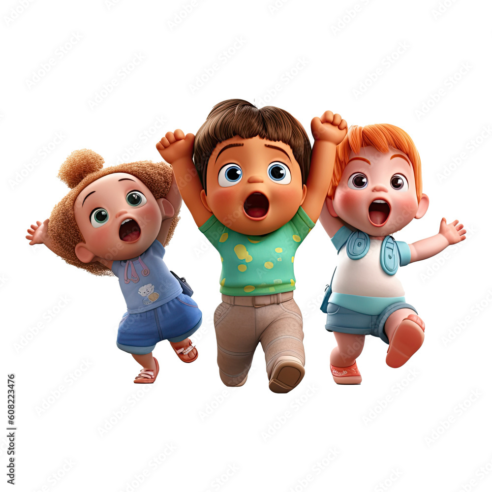 3D cartoon group of little children on transparent background ...