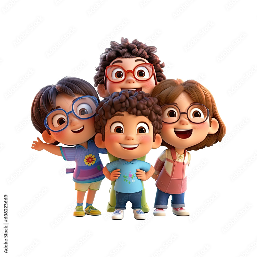 3D cartoon group of little children on transparent background ...