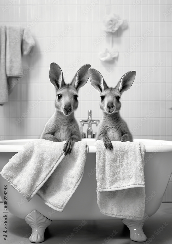Kangaroos in Bath, black and white kangaroo bathing in the bathtub ...