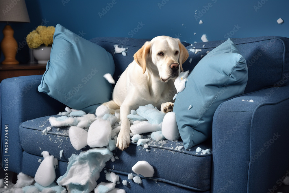 Bored puppy dog destroyed sofa cushion while was home alone. Generative ...