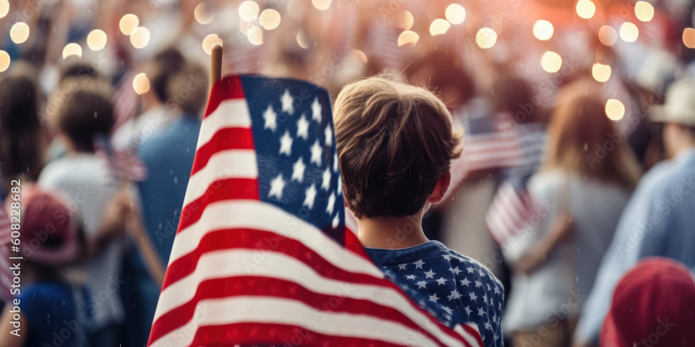 Young Patriot's Pride: Boy Holding USA Flag Amidst Celebrating Crowd ...