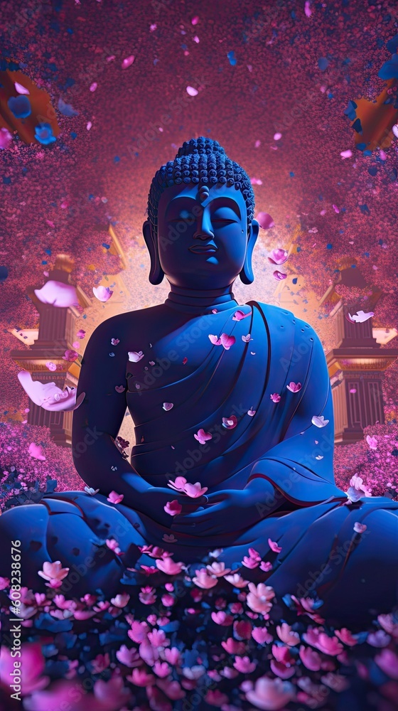 Blue Buddha surrounded by pink flower petals, zbrush style, dark red ...