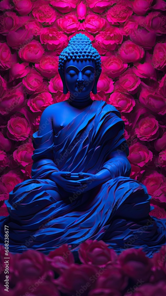 Blue Buddha surrounded by pink flower petals, zbrush style, dark red ...