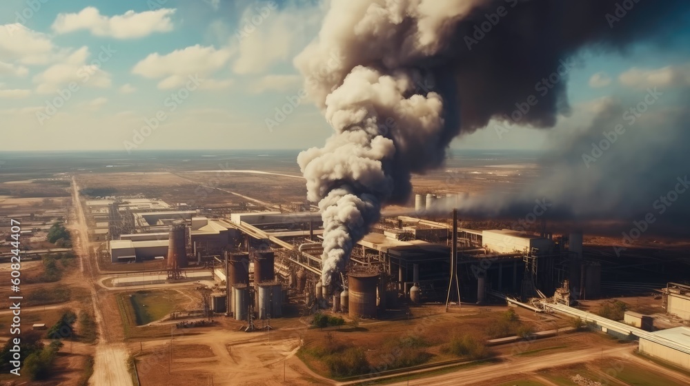 The stark image captures a colossal factory releasing billowing smoke ...