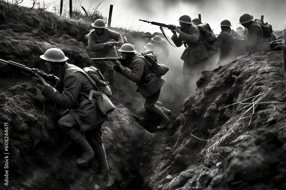 World war first. Soldiers are in trenches. Beautiful illustration ...
