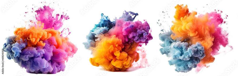 a set of colored smoke bomb explosion clouds on transparent background ...