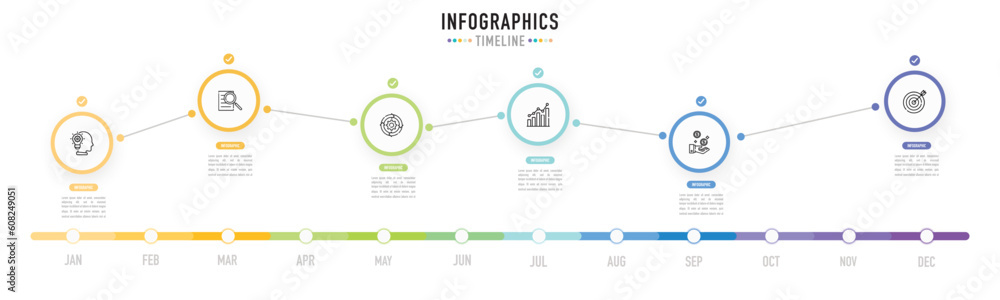 Circular timeline 12 months infographic template or element with 6 step ...