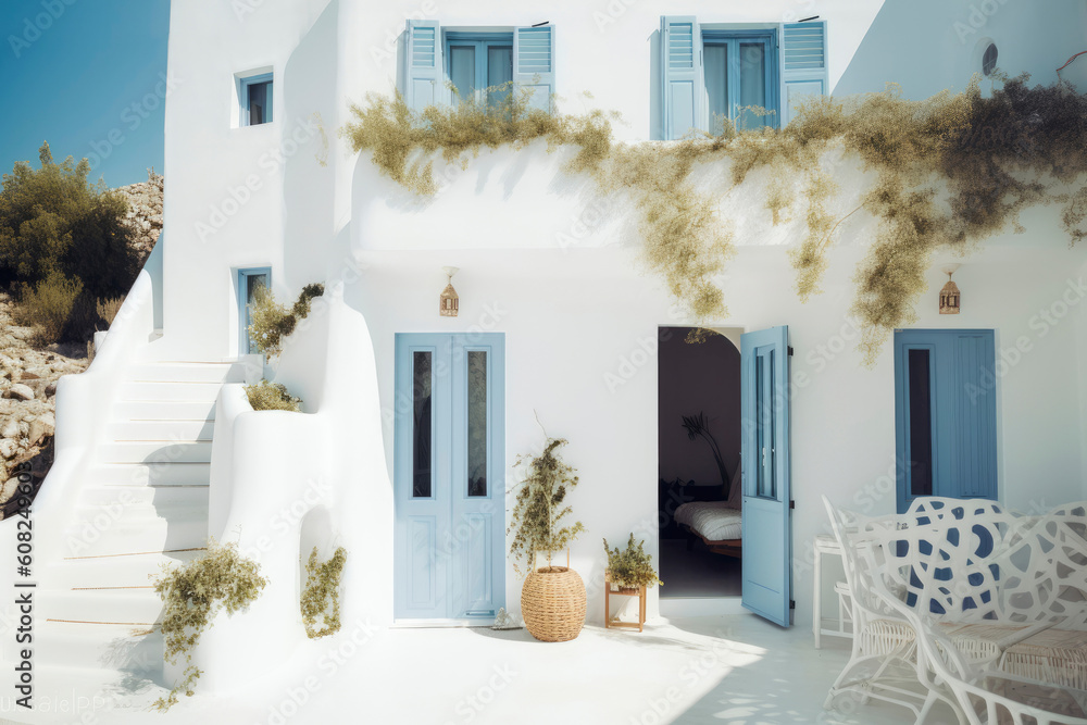 Mediterranean style white elegant house exterior with blue door and ...