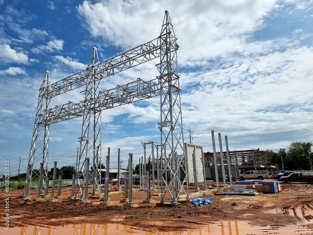 Construction of Substation: Steel structure of high voltage take-off ...