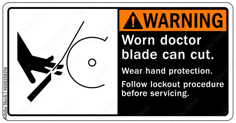 Rotating blade hazard sign and labels worn doctor blade can cut Stock ...