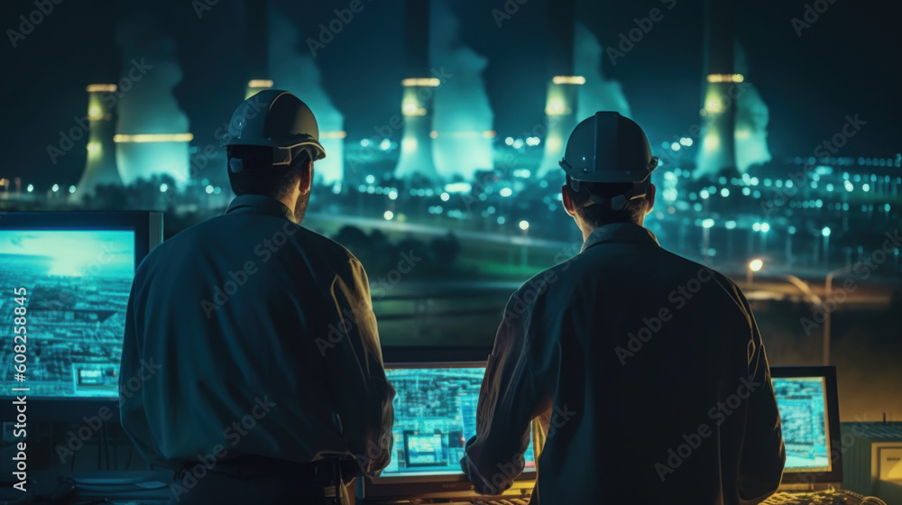 Picture of a rear view of two power engineers standing at a fuel oil ...