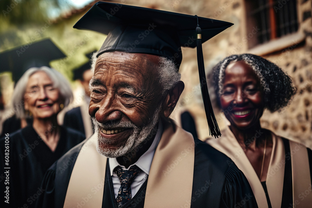 Generative AI illustration portrait of diverse senior graduating ...
