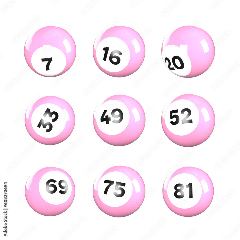 Collection of 9 light pink bingo balls. 3D rendered bingo balls with ...