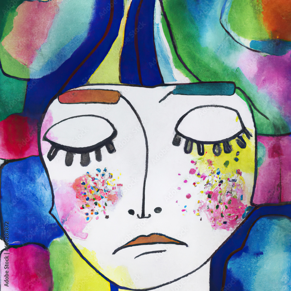 Abstract sad face digital painting for burnout, depression or mental ...