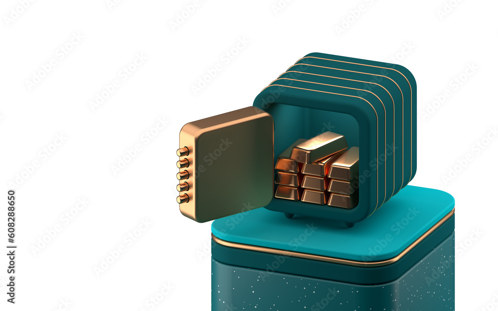 Wide open Silver safe box with gold bars inside isolated on white ...