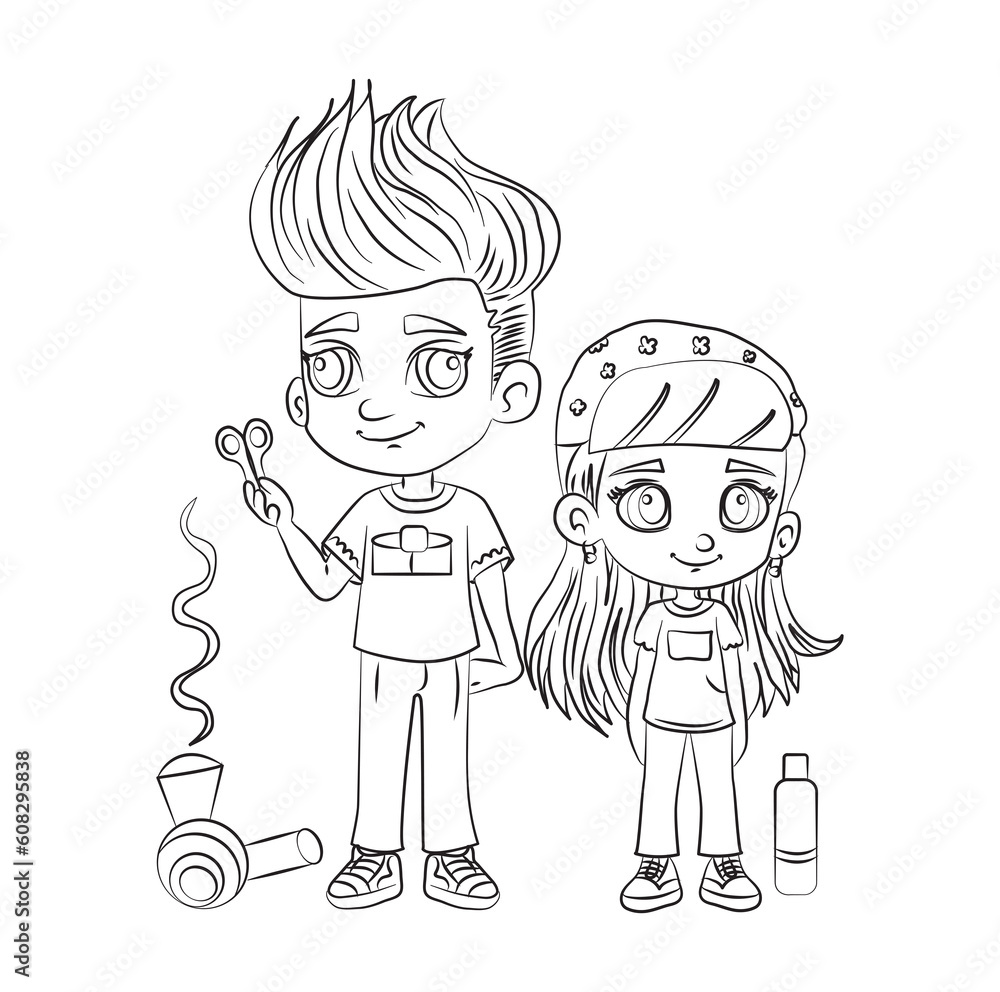 Vector coloring page cheerful little girl and boy Hairstylists Stock ...