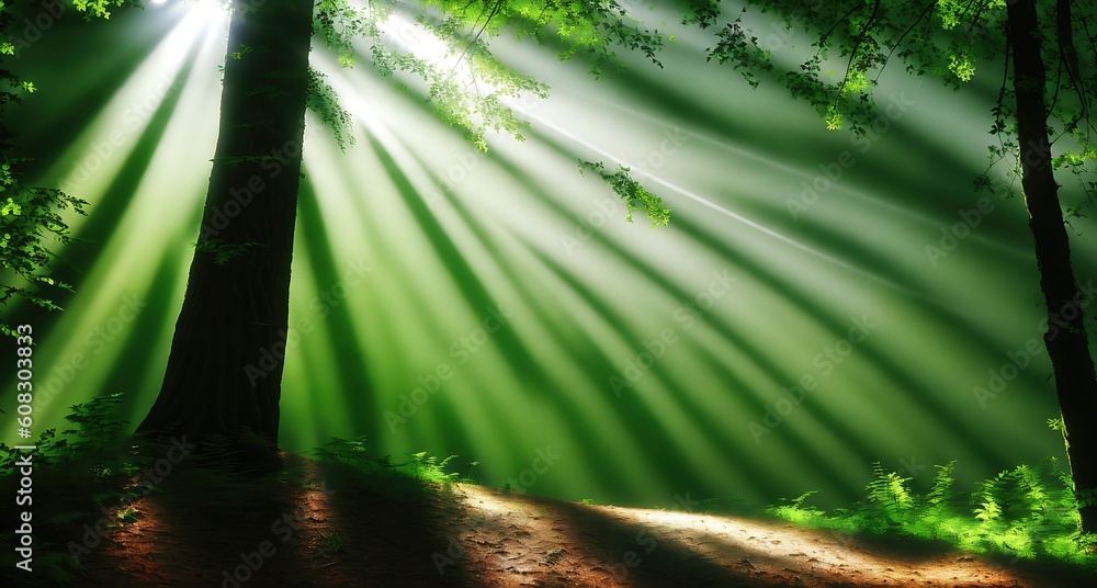 Bright sunlight shines through the trees in this forest scene, casting ...