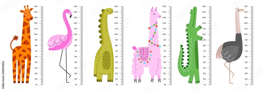 Kids cute growth rulers. Funny exotic animals, child height measuring ...