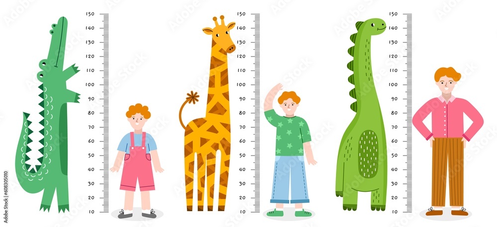 Little boy measures height. Growth lines with funny animals, gradual ...