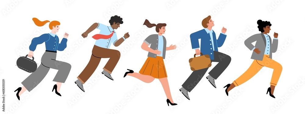 People in office costumes running. Cartoon businessmen and women ...
