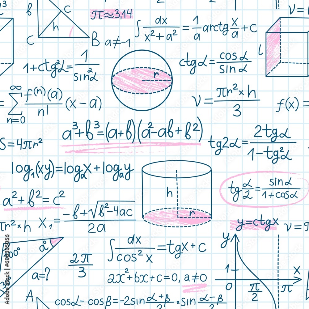 Math formulas. Lined sheet in cage, geometric drawings and theorems ...