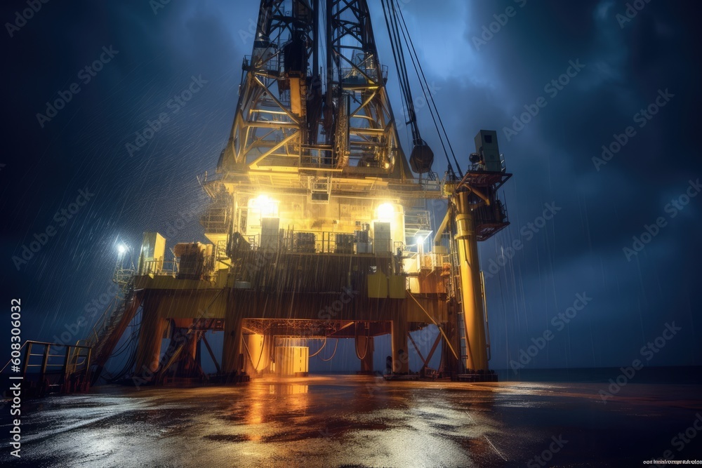 pumping unit on an offshore oil rig , stormy weather backdrop with ...