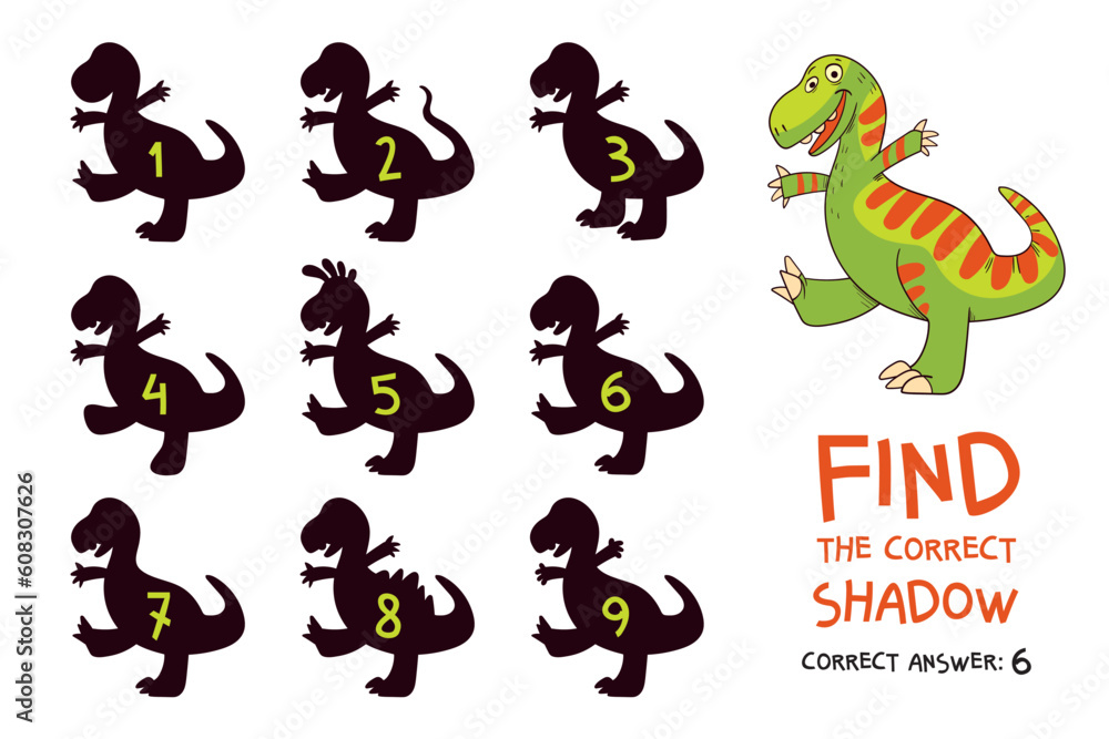 Find the correct shadow. Velociraptor. Educational game for children ...