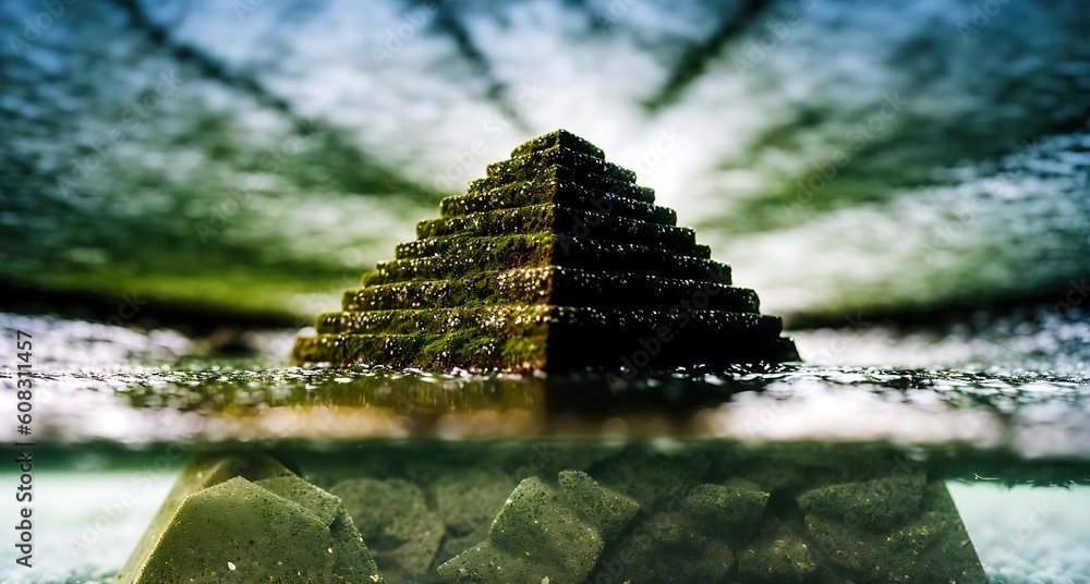 A pyramid structure made of moss, sitting in the middle of a shallow ...