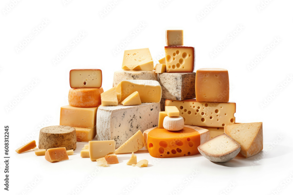 variety of different types of cheeses stacked isolated on white ...