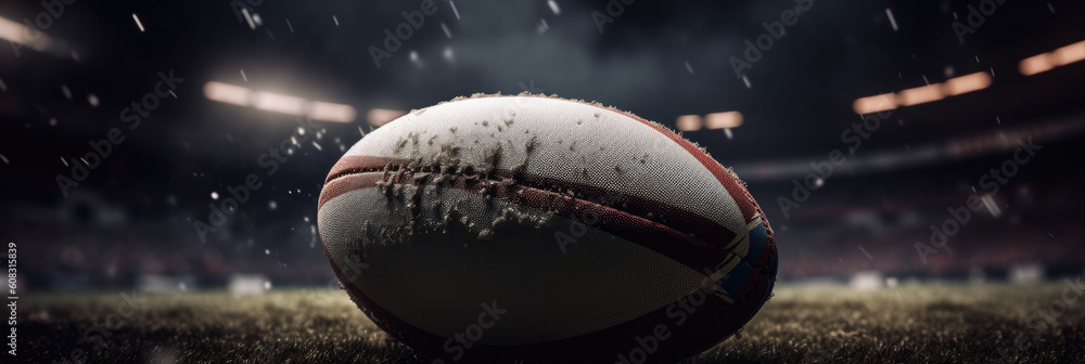 epic photography of rugby ball in the center of the stadium, cinematic ...