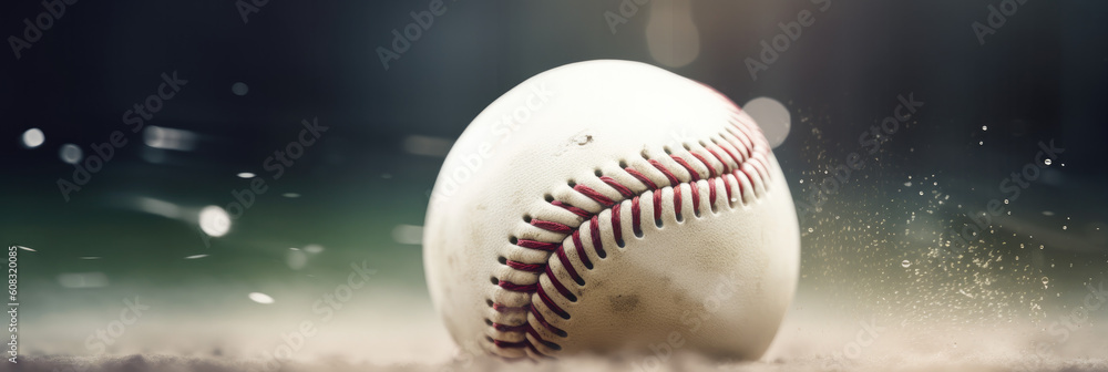 baseball ball resting on a baseball field stadium, abstract and blur ...
