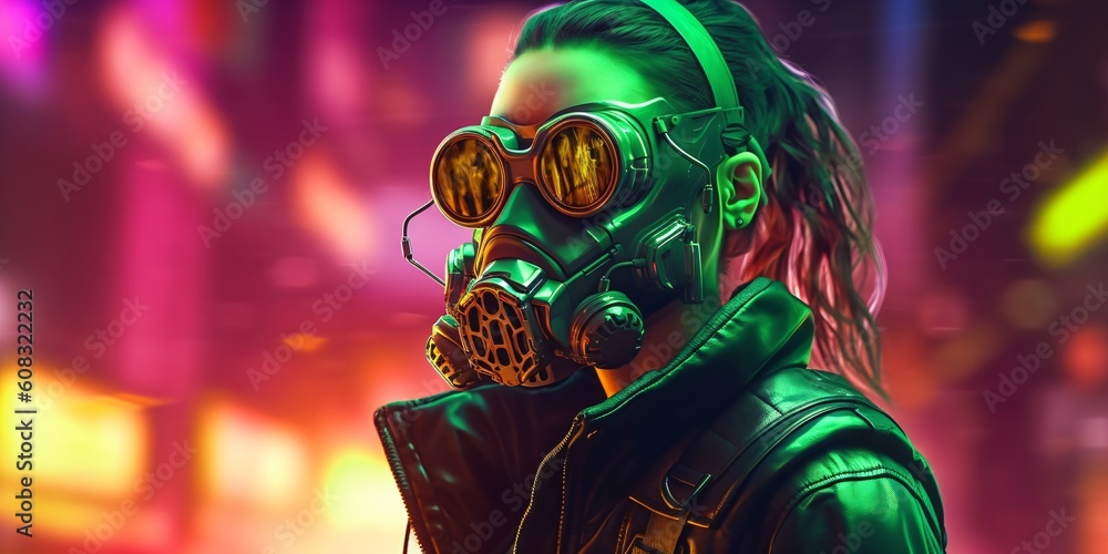 cyberpunk girl with gas mask and glasses, night city light bokeh ...